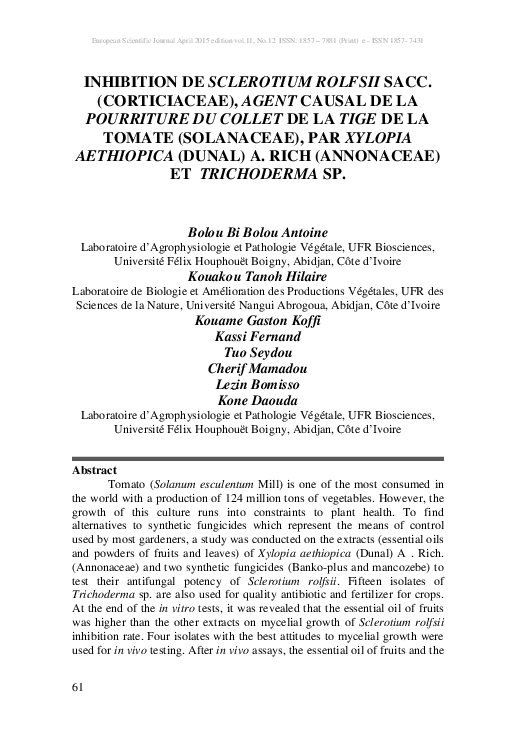 (PDF) Inhibition De Sclerotium Rolfsii Sacc. (Corticiaceae), Agent Causal De La Pourriture Du ...