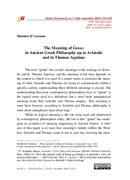 (PDF) The Meaning of Genus in Ancient Greek Philosophy up to Aristotle ...