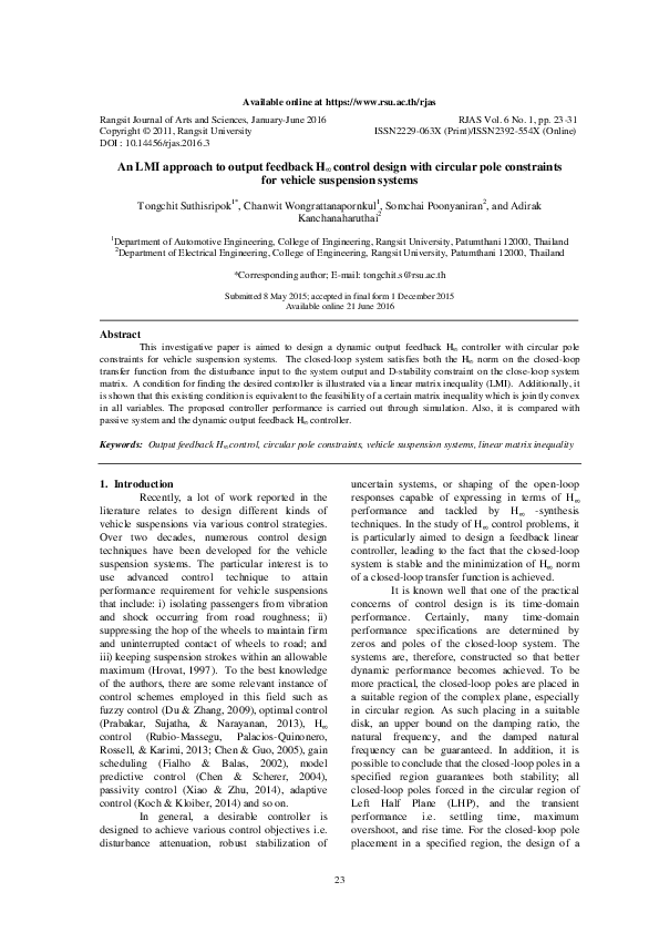 Pdf An Lmi Approach To Output Feedback H ∞ Control Design With Circular Pole Constraints For