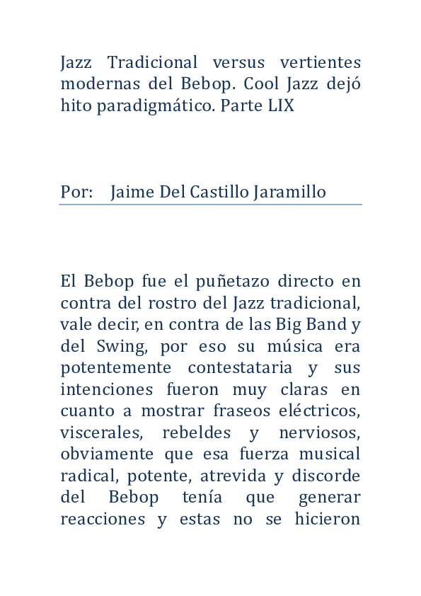 (DOC) Jazz Tradicional versus vertientes modernas del Bebop. Cool Jazz ...