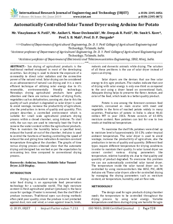 (PDF) IRJET- Automatically Controlled Solar Tunnel Dryer using Arduino for Potato | IRJET ...