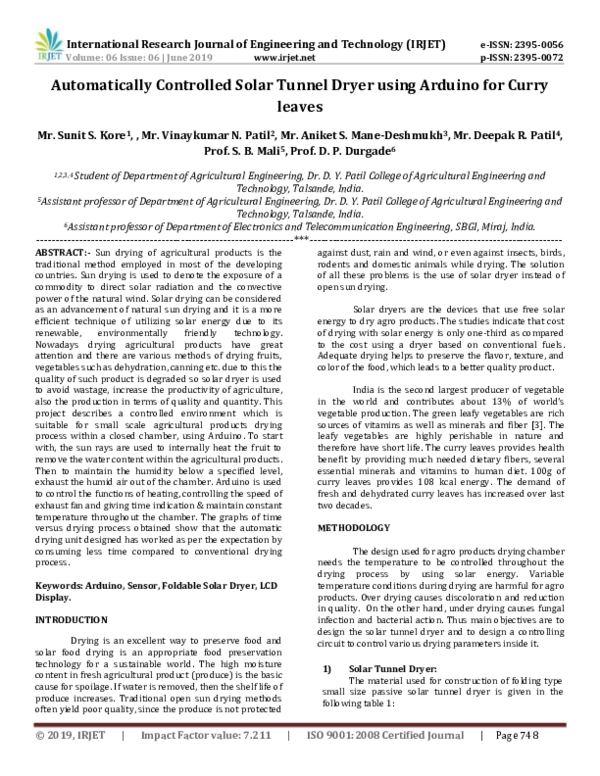 (PDF) IRJET- Automatically Controlled Solar Tunnel Dryer using Arduino for Curry leaves