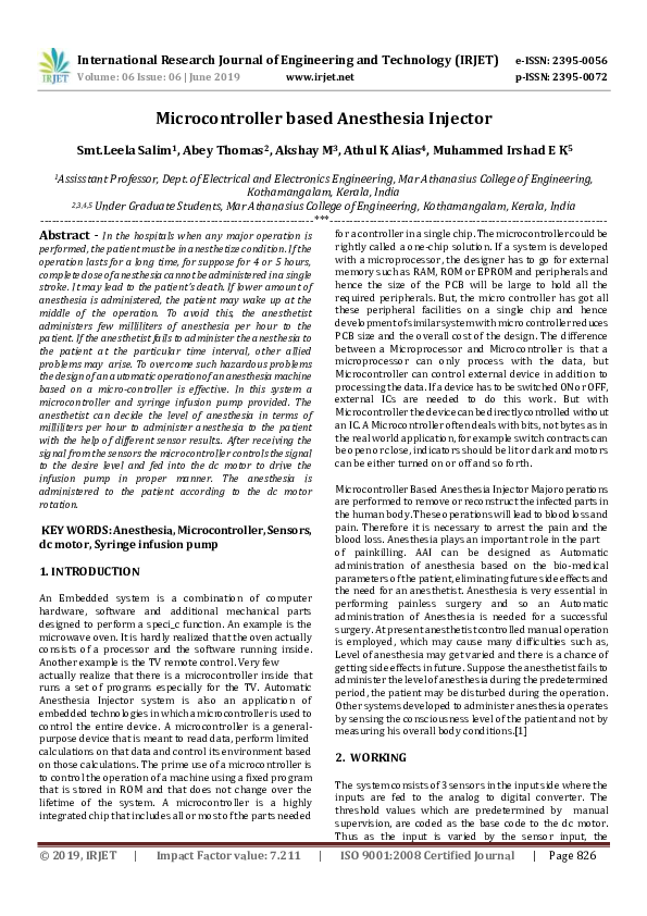 (PDF) IRJET- Microcontroller based Anesthesia Injector