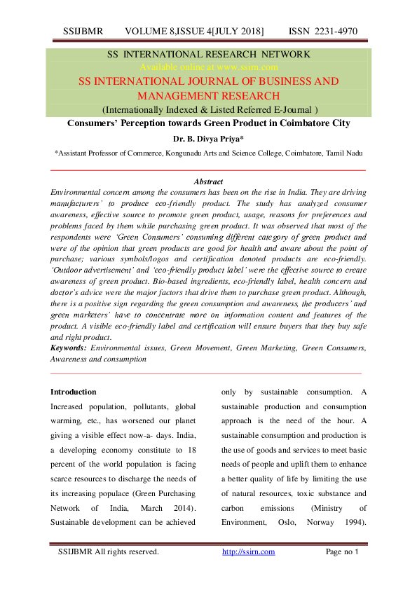 Pdf Consumers Perception Towards Green Product In Coimbatore City