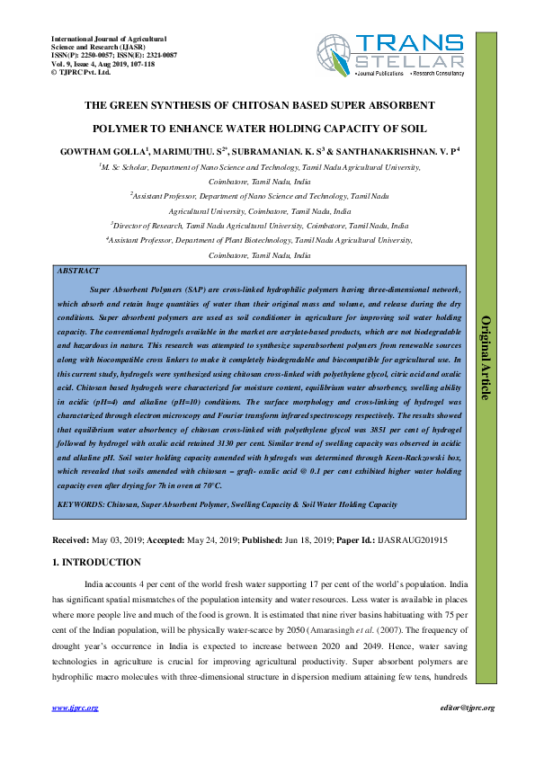 (PDF) THE GREEN SYNTHESIS OF CHITOSAN BASED SUPER ABSORBENT POLYMER TO ...