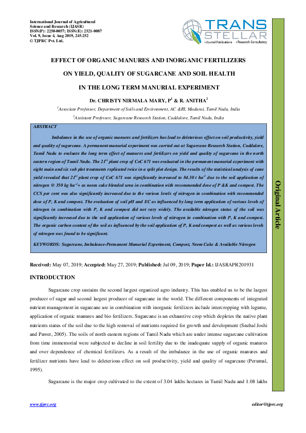 (PDF) EFFECT OF ORGANIC MANURES AND INORGANIC FERTILIZERS ON YIELD, QUALITY OF SUGARCANE AND ...