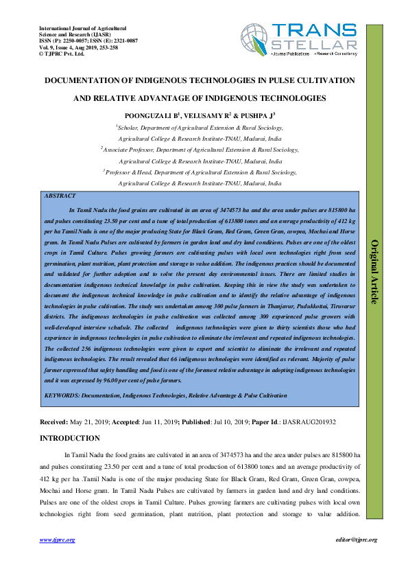 (PDF) DOCUMENTATION OF INDIGENOUS TECHNOLOGIES IN PULSE CULTIVATION AND RELATIVE ADVANTAGE OF ...