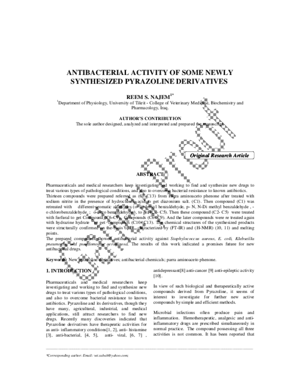 (PDF) ANTIBACTERIAL ACTIVITY OF SOME NEWLY SYNTHESIZED PYRAZOLINE DERIVATIVES