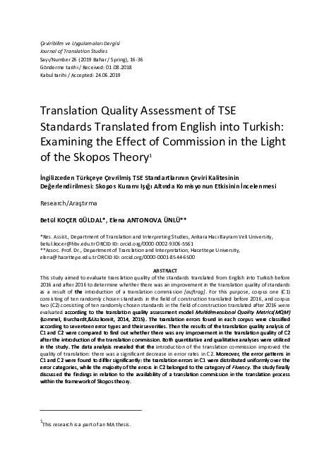 (PDF) Translation Quality Assessment of TSE Standards Translated from ...