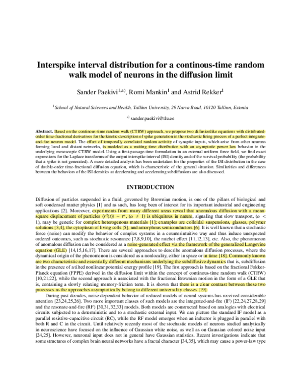 (PDF) Interspike interval distribution for a continous-time random walk model of neurons in the ...
