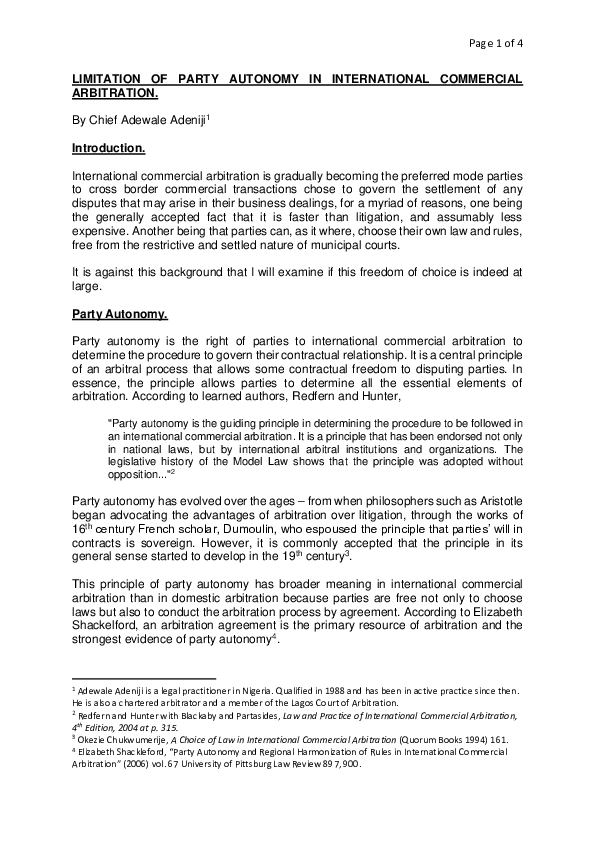 (DOC) LIMITATION OF PARTY AUTONOMY IN INTERNATIONAL COMMERCIAL ARBITRATION