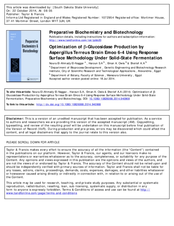 (PDF) Optimization of β-Glucosidase Production by Aspergillus Terreus Strain Emoo 6-4 Using ...