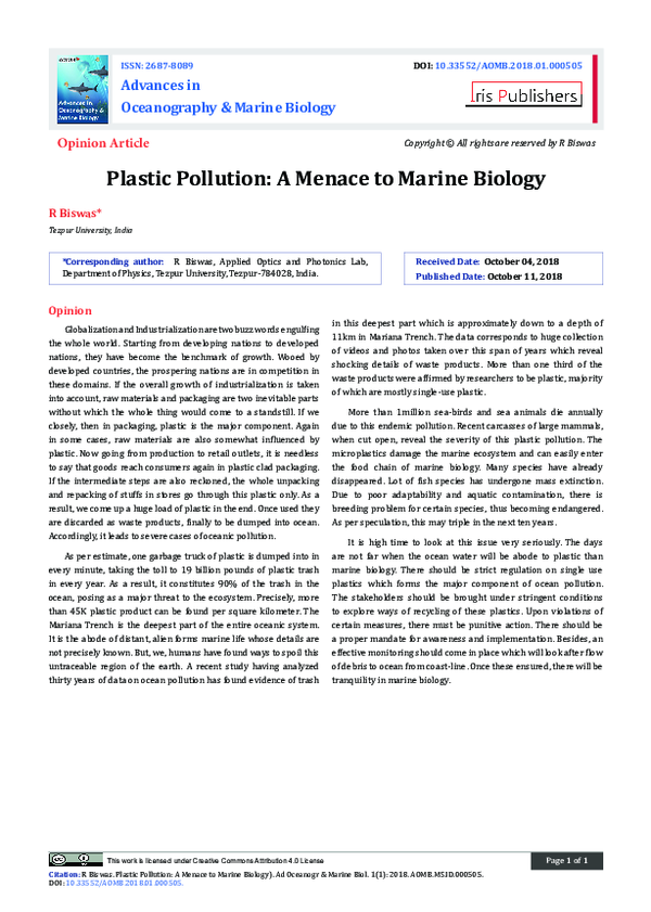 (PDF) Plastic Pollution: A Menace to Marine Biology