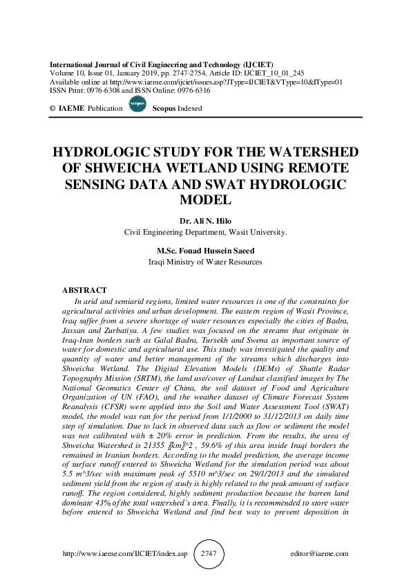 (PDF) HYDROLOGIC STUDY FOR THE WATERSHED OF SHWEICHA WETLAND USING REMOTE SENSING DATA AND SWAT ...