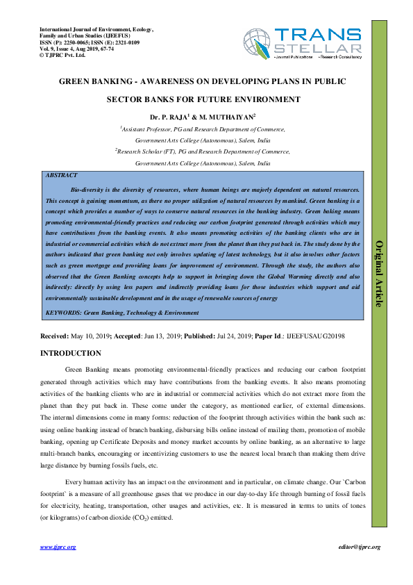 (PDF) GREEN BANKING -AWARENESS ON DEVELOPING PLANS IN PUBLIC SECTOR ...