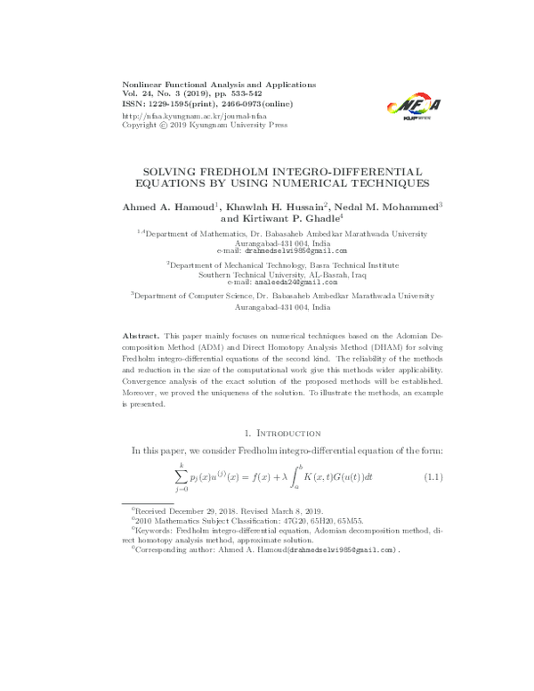 Pdf Solving Fredholm Integro Differential Equations By Using Numerical Techniques Ahmed A