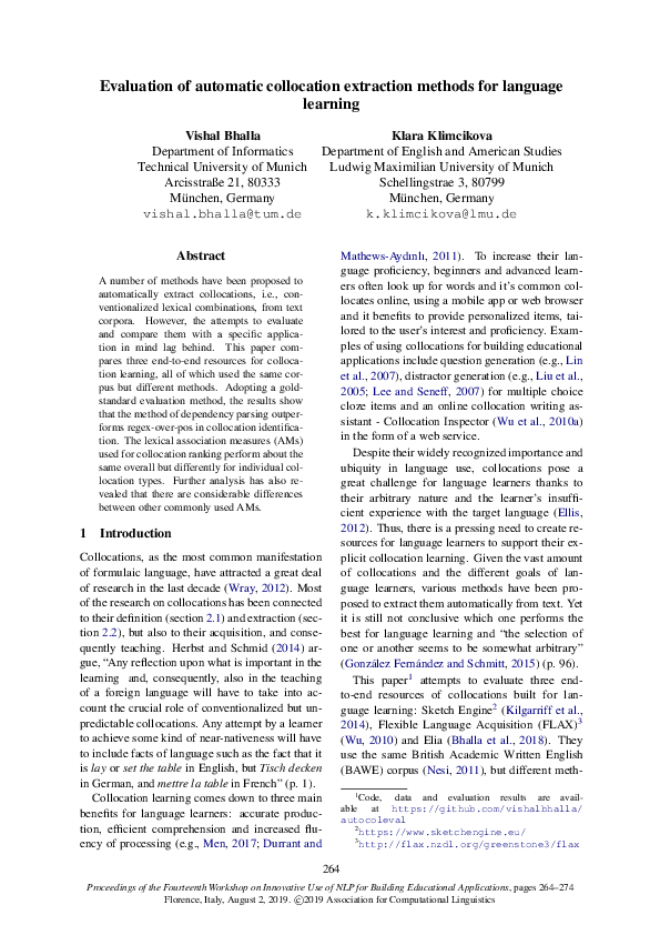 Pdf Evaluation Of Automatic Collocation Extraction Methods For Language Learning