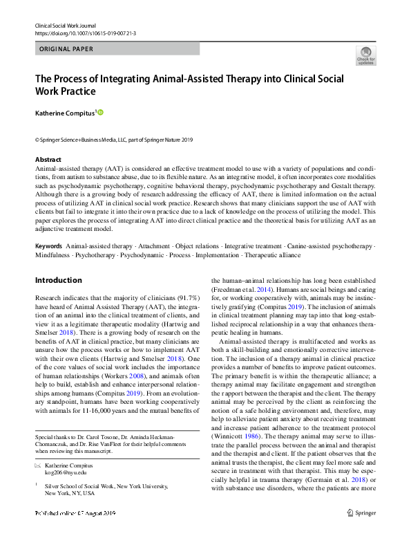 (PDF) The Process of Integrating Animal-Assisted Therapy into Clinical Social Work Practice