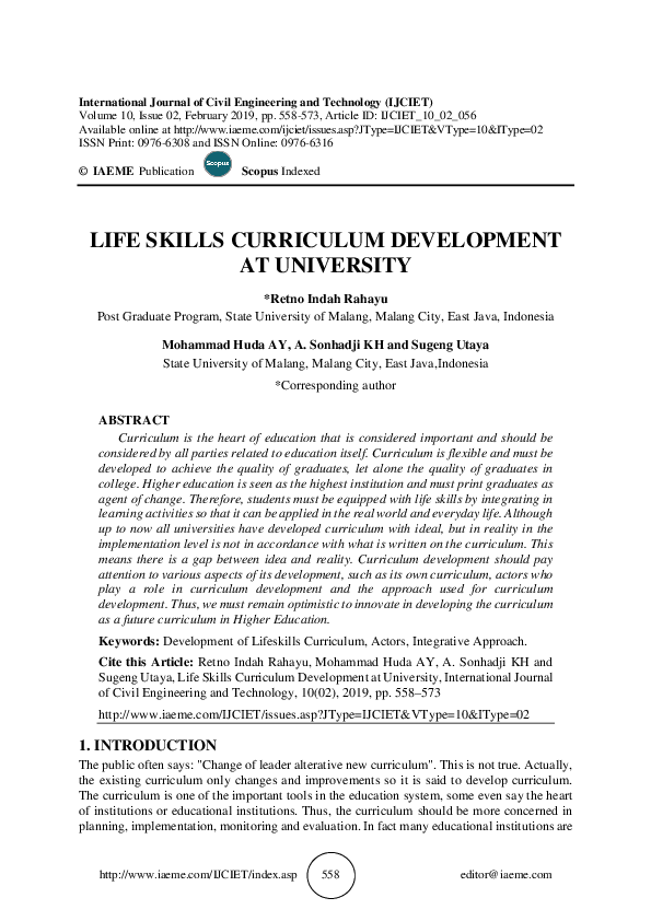 (PDF) LIFE SKILLS CURRICULUM DEVELOPMENT AT UNIVERSITY