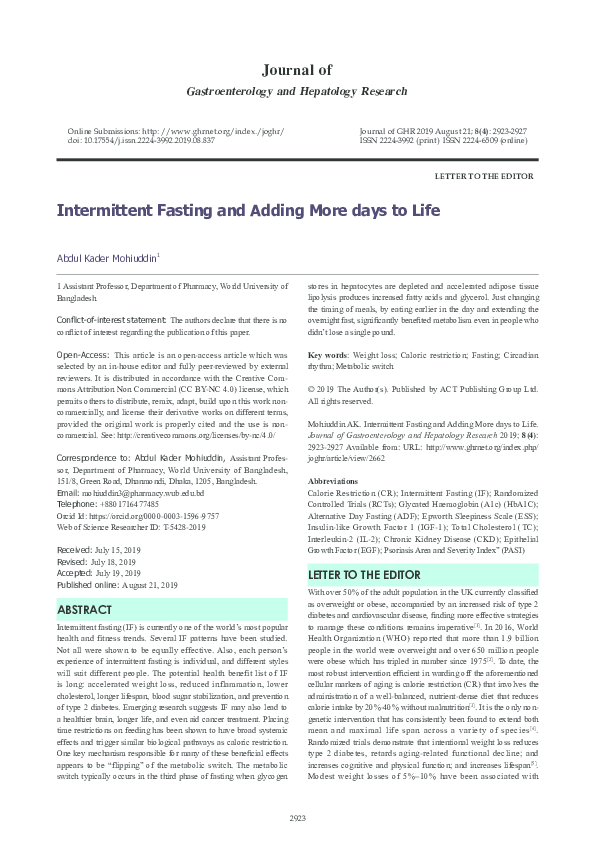 (PDF) Intermittent Fasting and Adding More days to Life