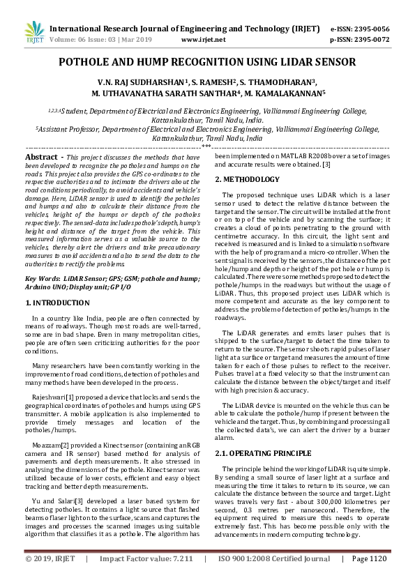 (PDF) IRJET- POTHOLE AND HUMP RECOGNITION USING LIDAR SENSOR