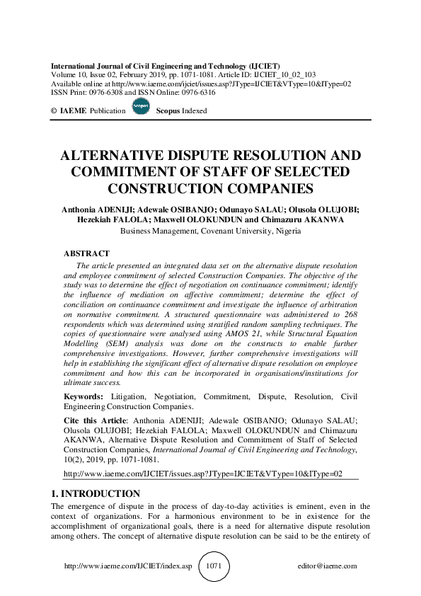 (PDF) ALTERNATIVE DISPUTE RESOLUTION AND COMMITMENT OF STAFF OF SELECTED CONSTRUCTION COMPANIES