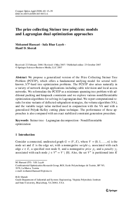 Pdf The Prize Collecting Steiner Tree Problem Models And Lagrangian Dual Optimization Approaches
