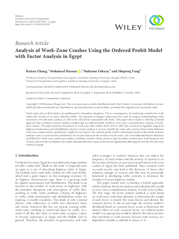 (PDF) Analysis of Work-Zone Crashes Using the Ordered Probit Model with Factor Analysis in Egypt
