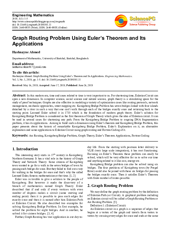 Pdf Graph Routing Problem Using Eulers Theorem And Its Applications