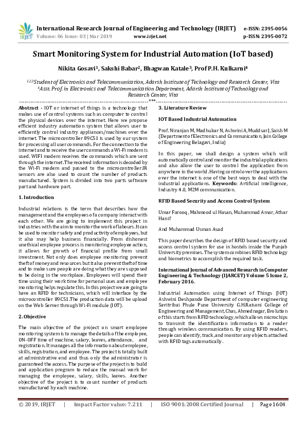 (PDF) IRJET- Smart Monitoring System for Industrial Automation (IoT based