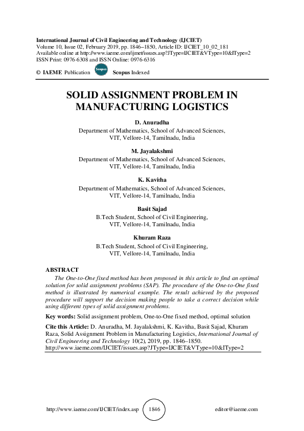 (PDF) Khuram Raza, Solid Assignment Problem in Manufacturing Logistics