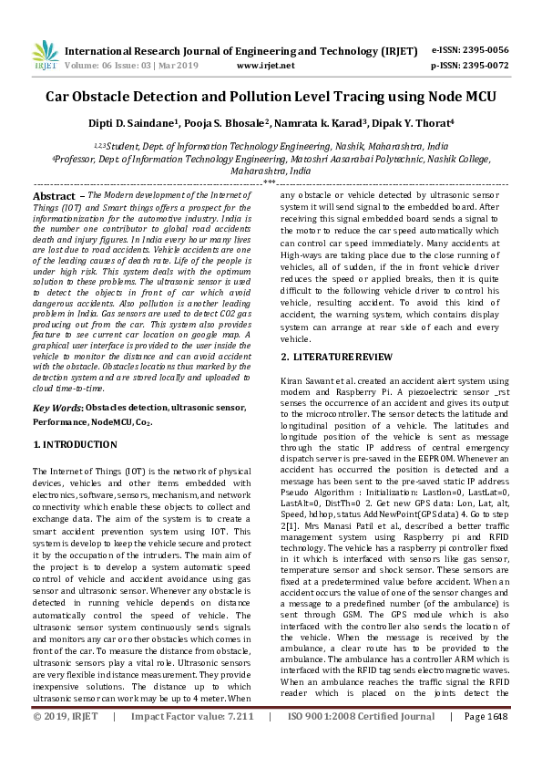 Pdf Irjet Car Obstacle Detection And Pollution Level Tracing Using Node Mcu Irjet Journal