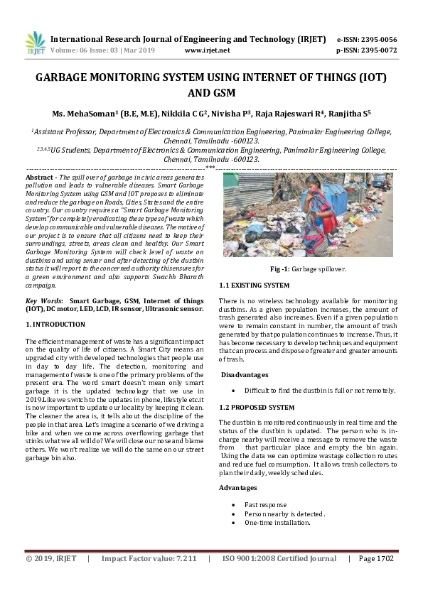(PDF) IRJET- GARBAGE MONITORING SYSTEM USING INTERNET OF THINGS (IOT ...