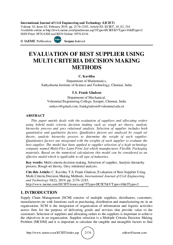 Pdf Evaluation Of Best Supplier Using Multi Criteria Decision Making Methods