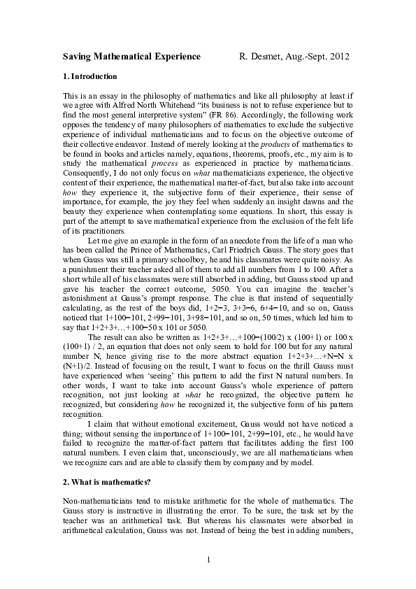 (PDF) Saving Mathematical Experience