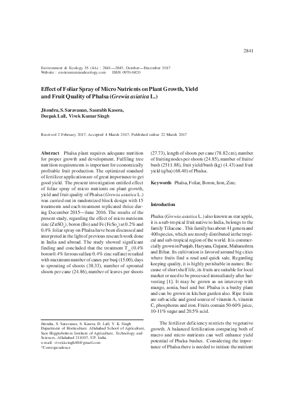 Pdf Effect Of Foliar Spray Of Micro Nutrients On Plant Growth Yield
