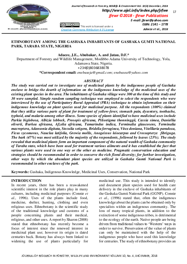 (PDF) ETHNOBOTANY AMONG THE GASHAKA INHABITANTS OF GASHAKA GUMTI ...