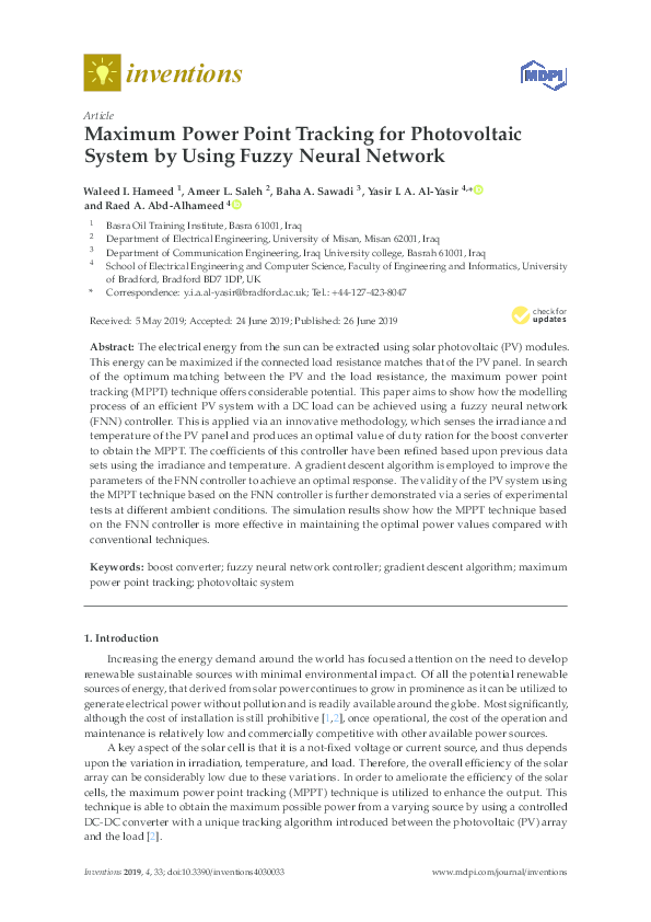 Pdf Maximum Power Point Tracking For Photovoltaic System By Using Fuzzy Neural Network