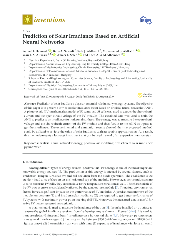 Pdf Prediction Of Solar Irradiance Based On Artificial Neural Networks