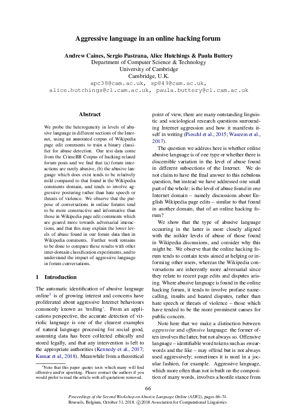(PDF) Aggressive language in an online hacking forum