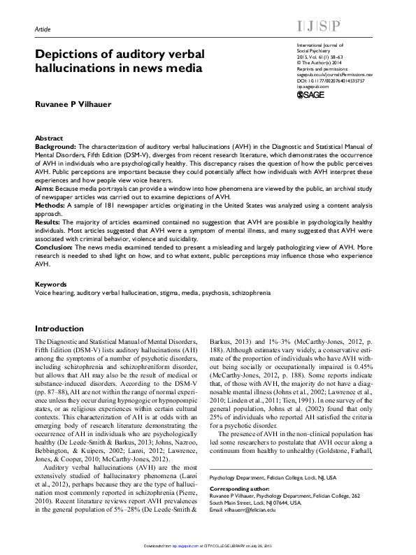 (PDF) Depictions of auditory verbal hallucinations in news media