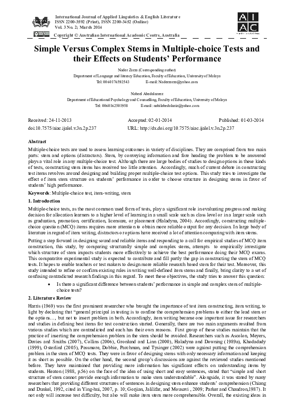 (PDF) Simple Versus Complex Stems in Multiple-choice Tests and their ...