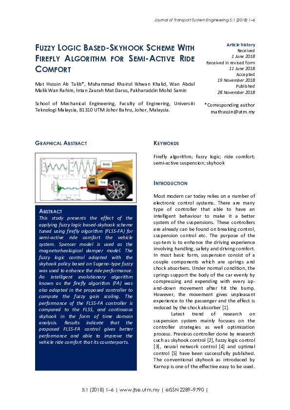 Pdf Fuzzy Logic Based Skyhook Scheme With Firefly Algorithm For Semi Active Ride Comfort Mat