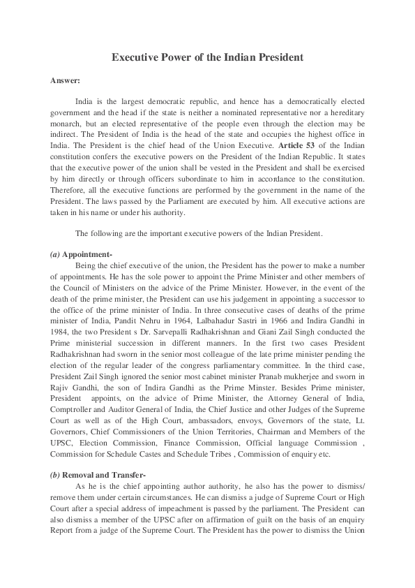 (DOC) Executive Power of the Indian President Answer