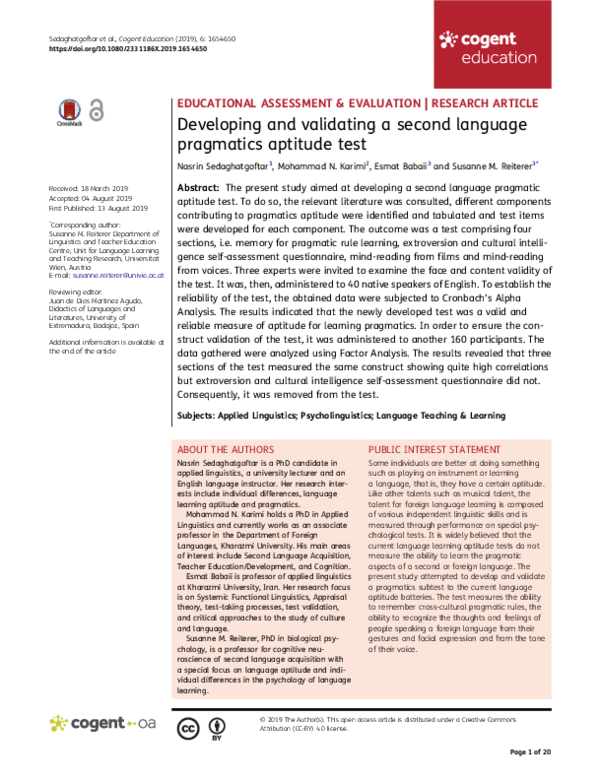 Pdf Developing And Validating A Second Language Pragmatics Aptitude Test