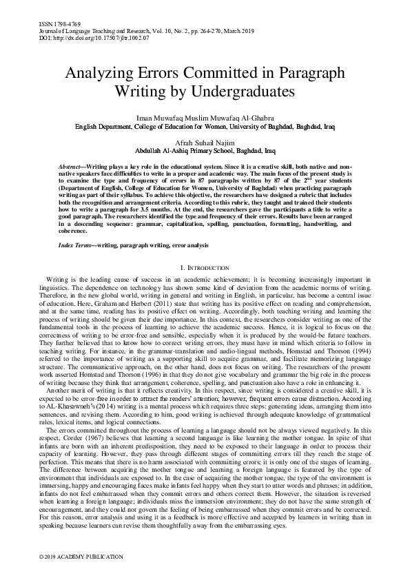 (PDF) Analyzing Errors Committed in Paragraph Writing by Undergraduates