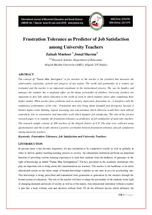 (PDF) Frustration Tolerance as Predictor of Job Satisfaction among University Teachers