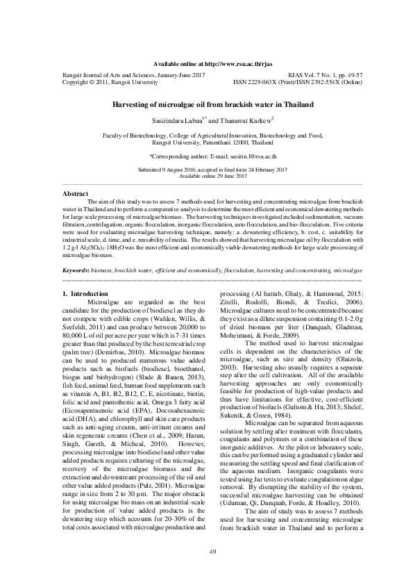 (PDF) Harvesting of microalgae oil from brackish water in Thailand