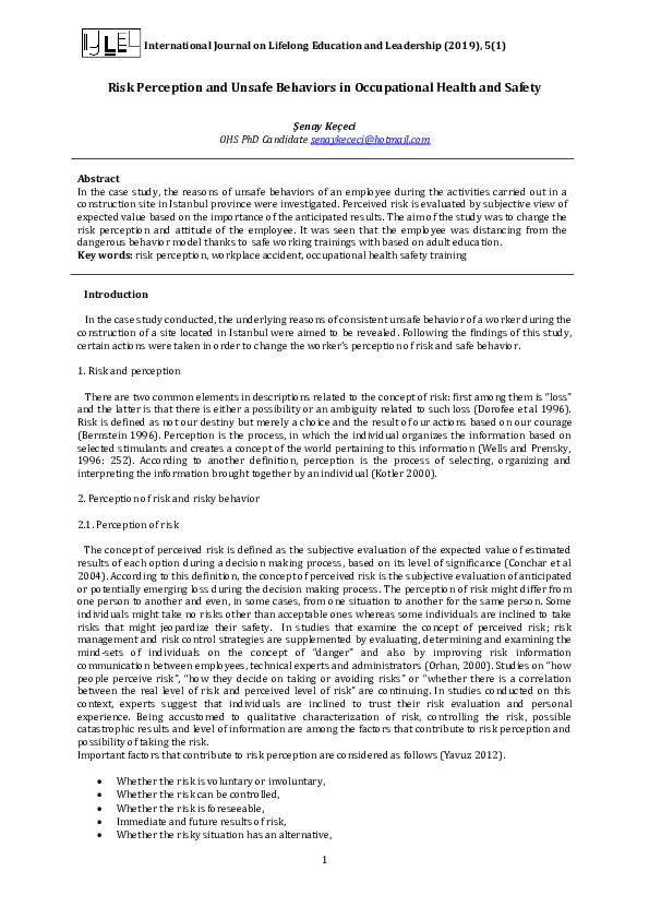 (PDF) Risk Perception and Unsafe Behaviors in Occupational Health and ...