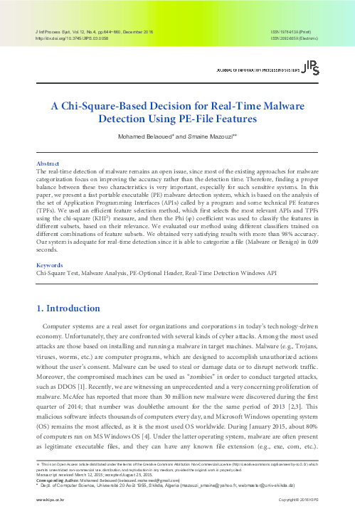 Pdf A Chi Square Based Decision For Real Time Malware Detection Using Pe File Features